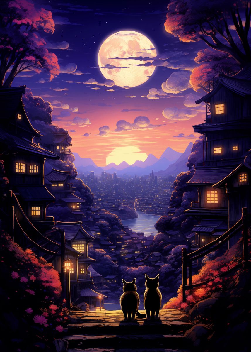 'Cat Moon Japan' Poster, picture, metal print, paint by ELYussArt ...