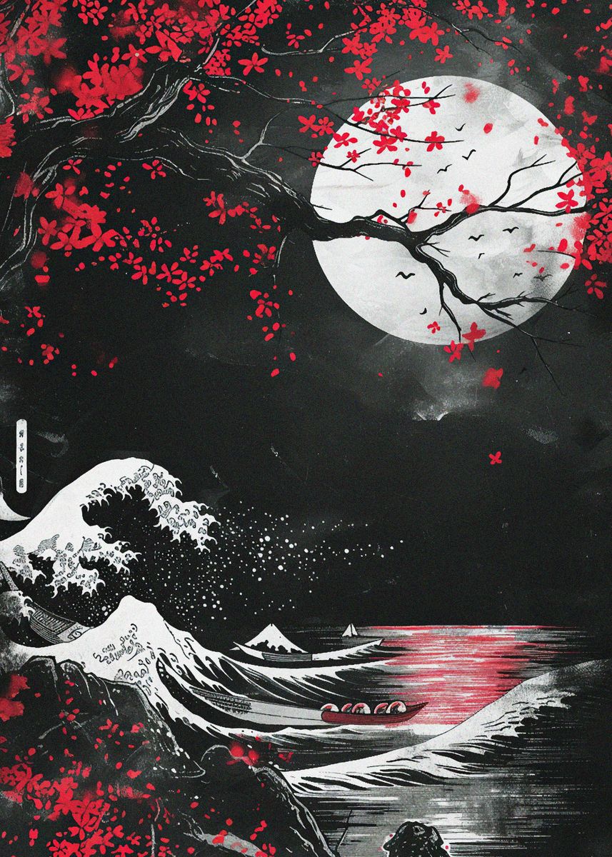 'Red Moon Japan ' Poster, picture, metal print, paint by Elysia | Displate