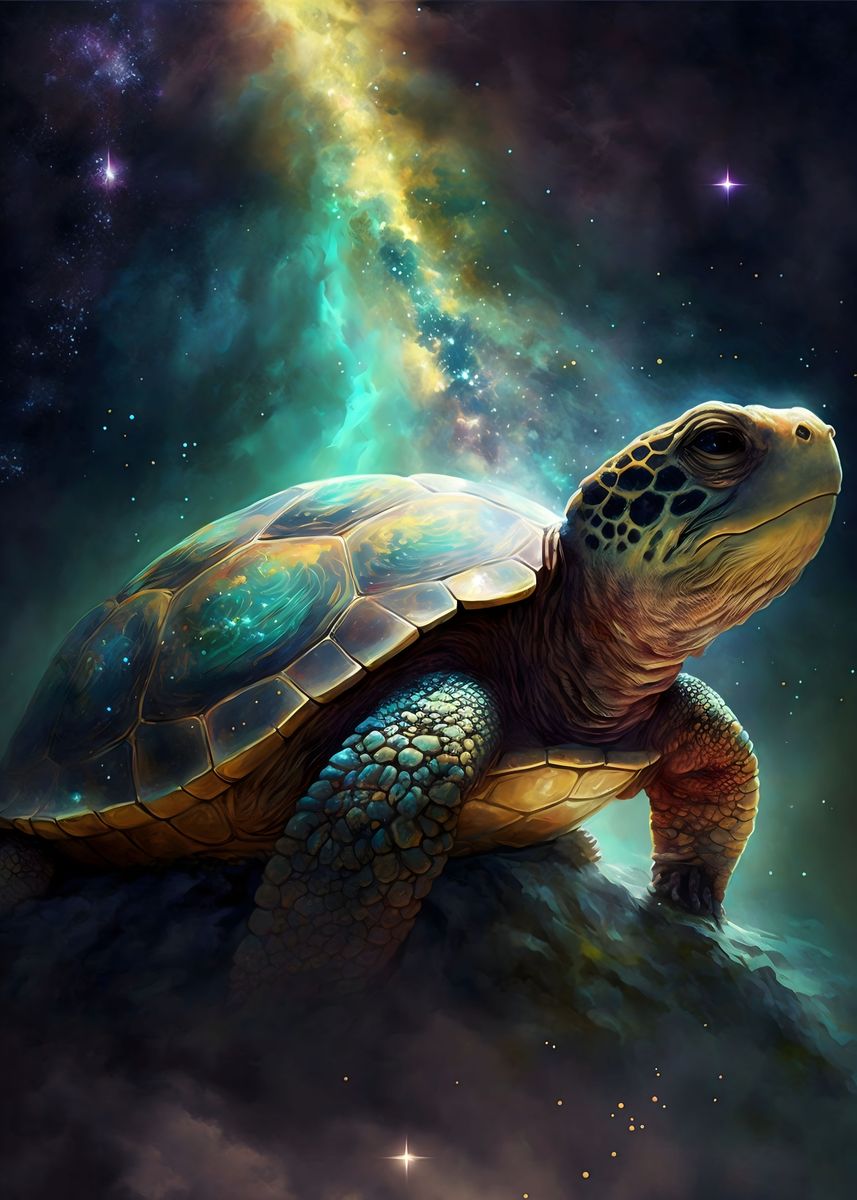 'Turtle in Space' Poster, picture, metal print, paint by EB Art | Displate