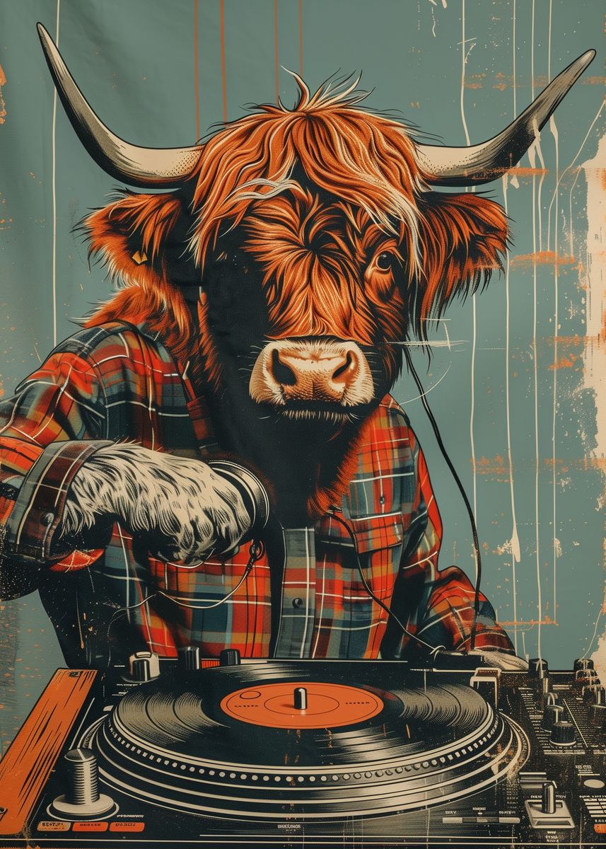 'Highland Cow Disk Jockey' Poster, picture, metal print, paint by ...