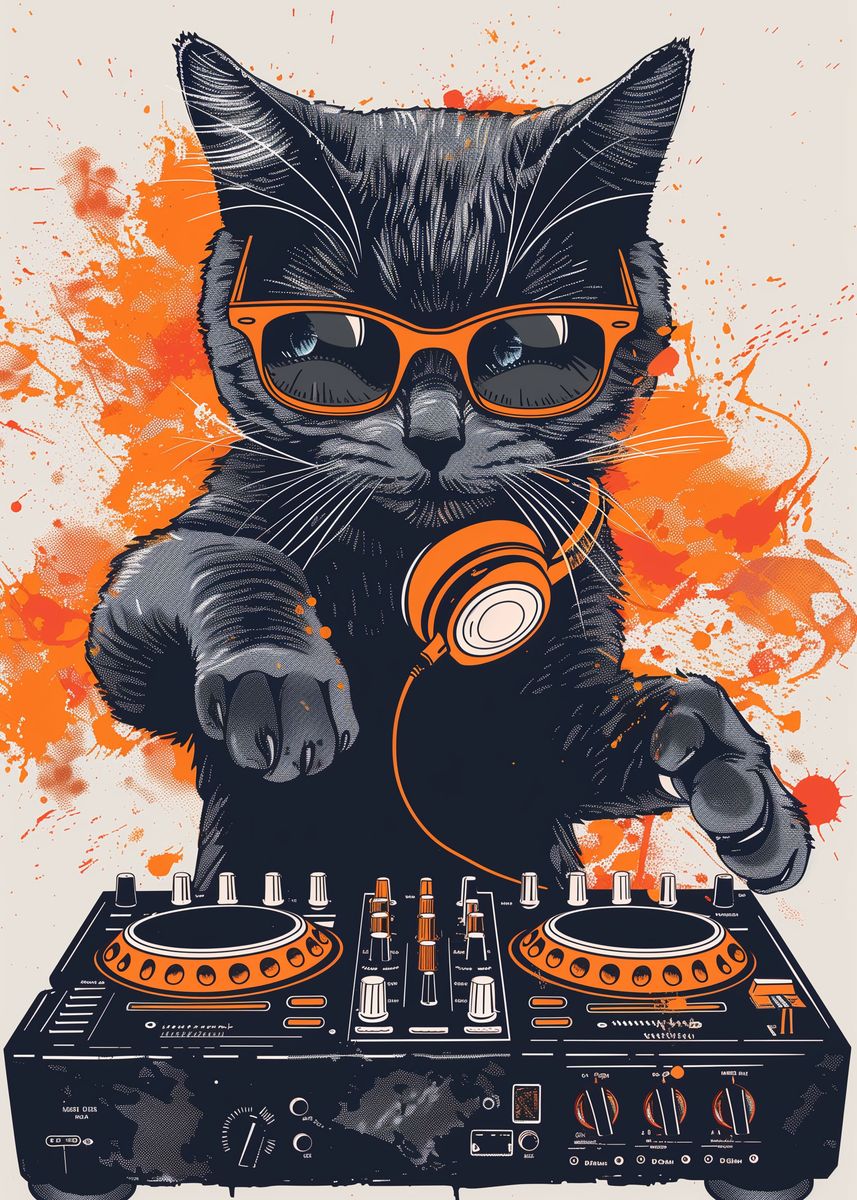 'DJ Cat Play Turntable' Poster, picture, metal print, paint by BOUNTEES ...