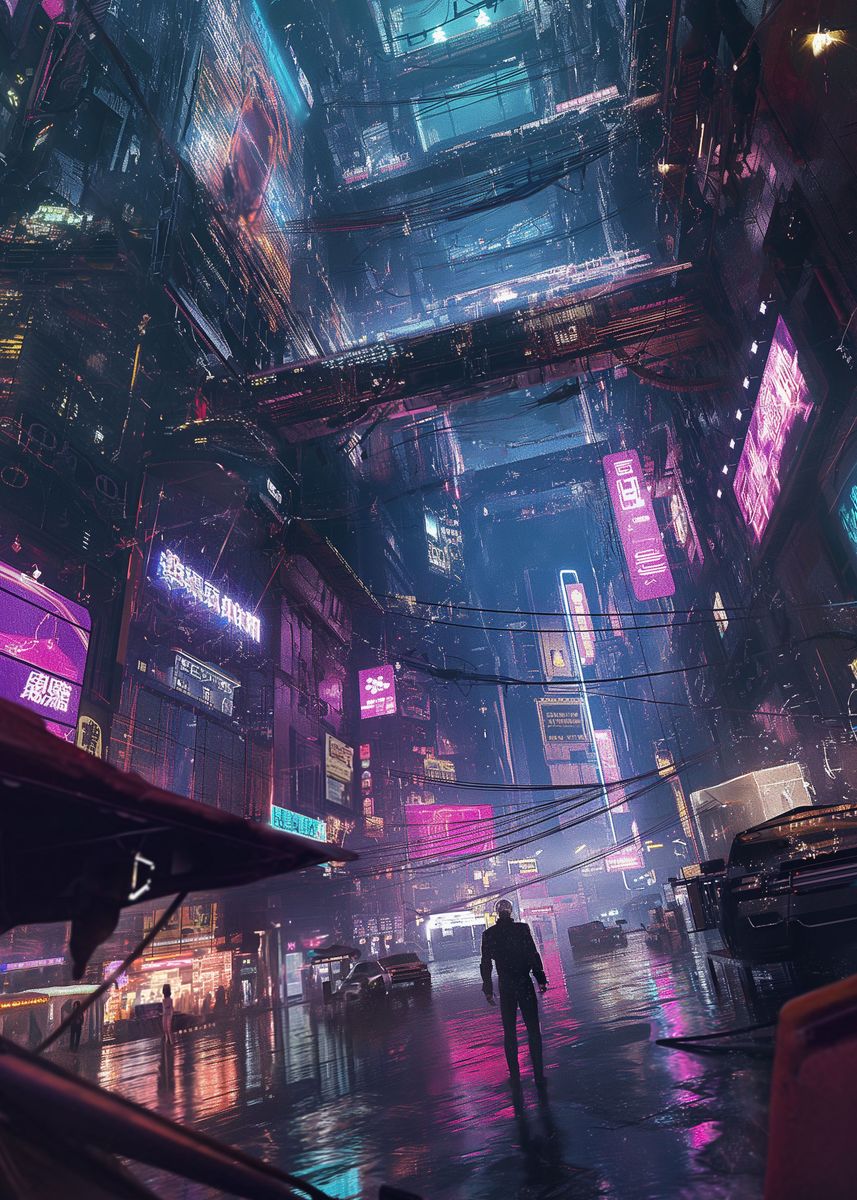 'Cyberpunk City Night' Poster, picture, metal print, paint by David ...