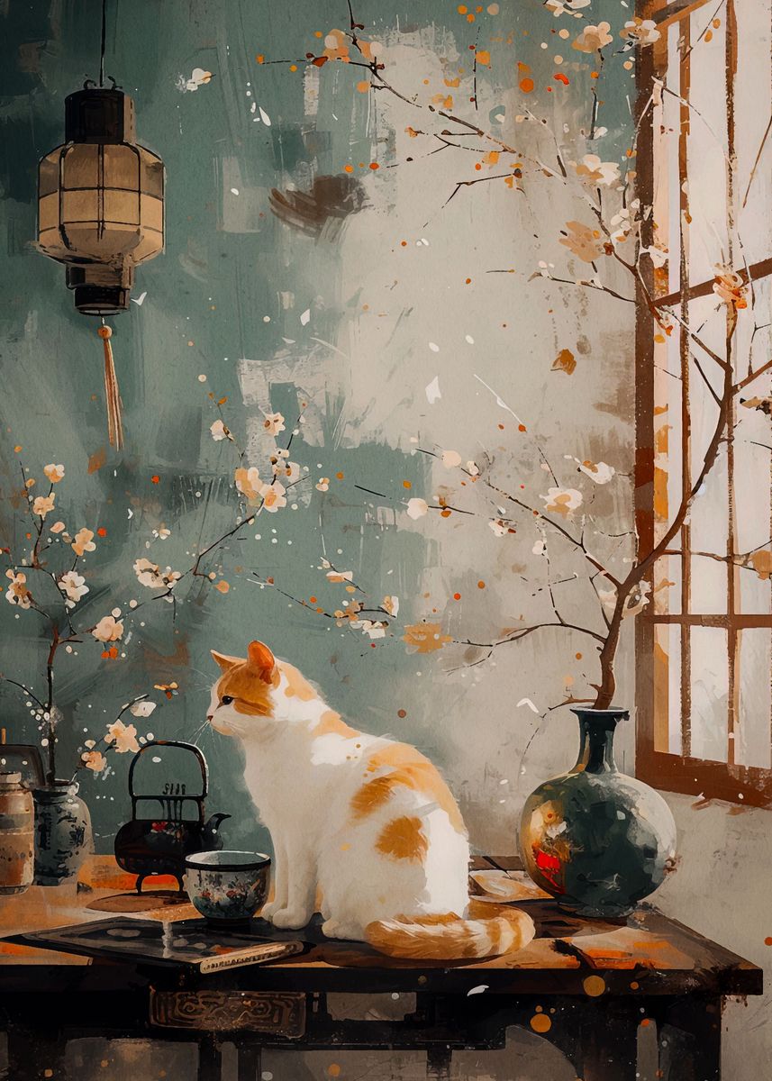 'cat landscape vintage' Poster, picture, metal print, paint by Rod Art ...