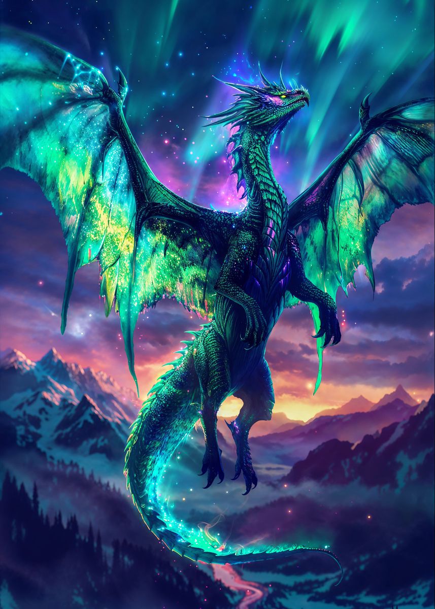 'Aurora Seraphim Dragon' Poster, picture, metal print, paint by Pixaverse | Displate