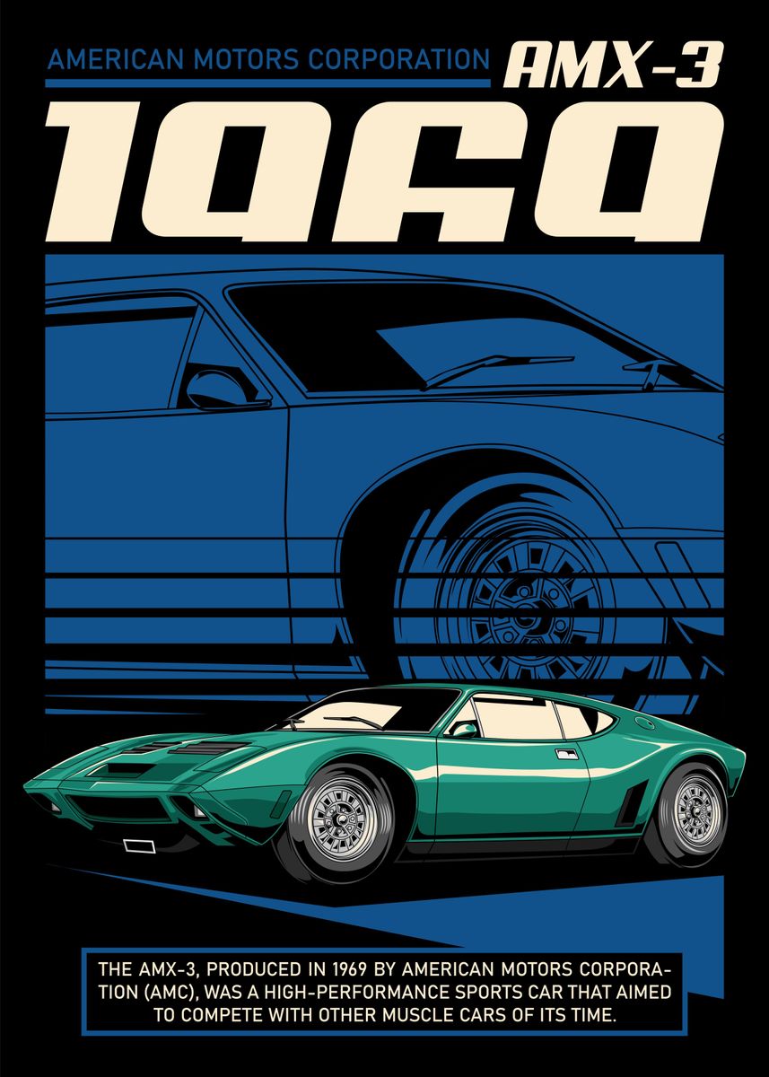 'Retro AMX 3 Sport Car' Poster, picture, metal print, paint by Adam ...