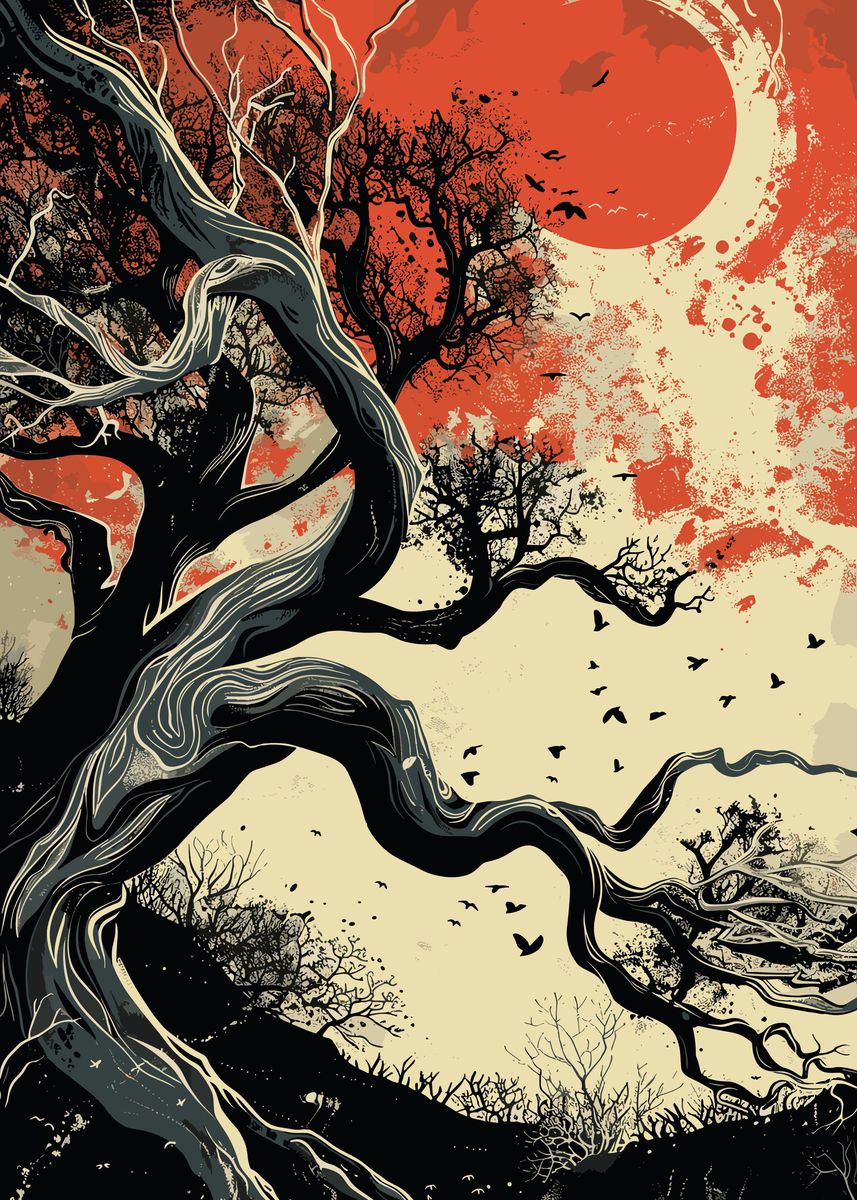 'Asian Tree Red Landscape' Poster, picture, metal print, paint by Maël ...