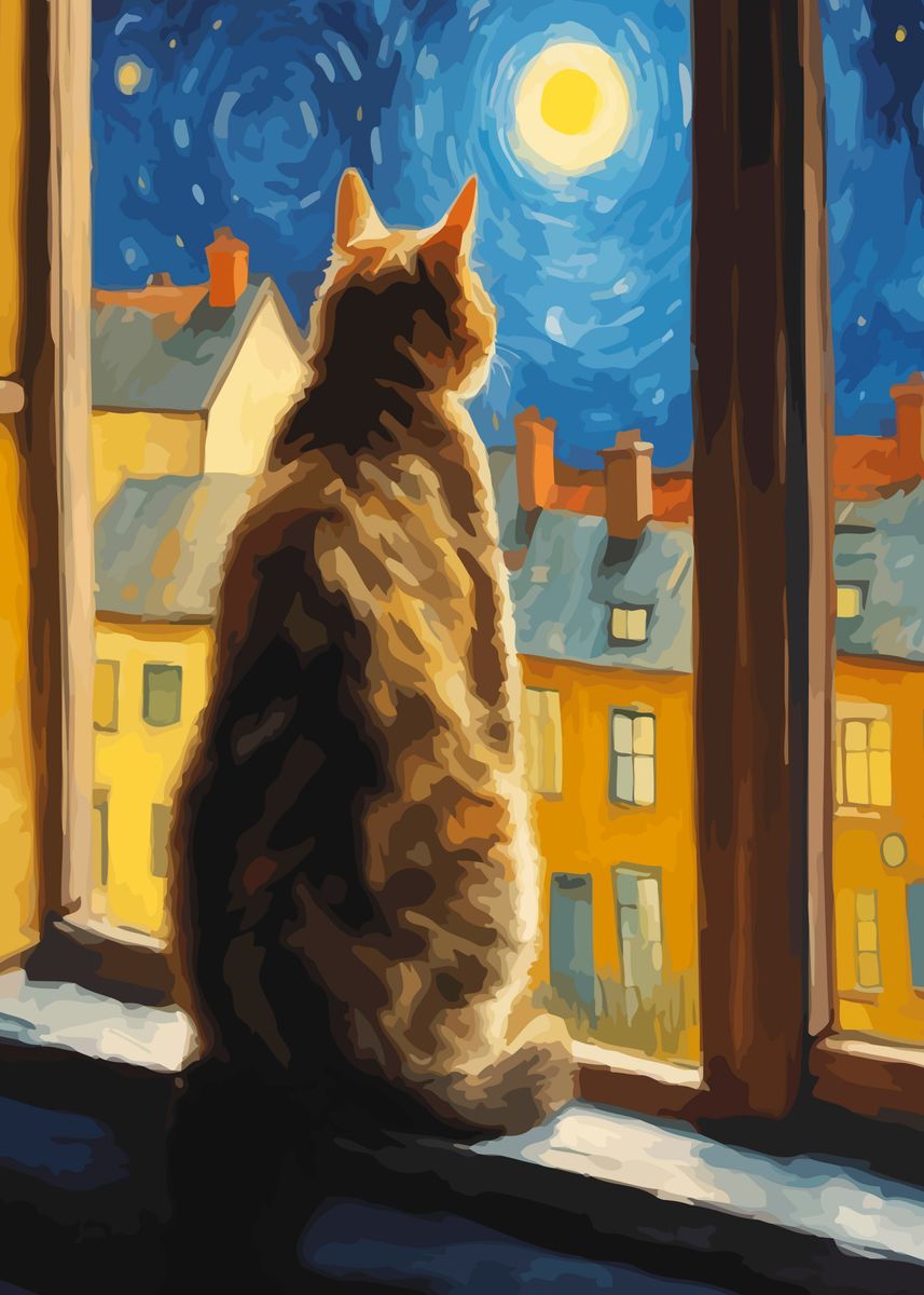 'Starry Night Cat ' Poster, picture, metal print, paint by Animal ...