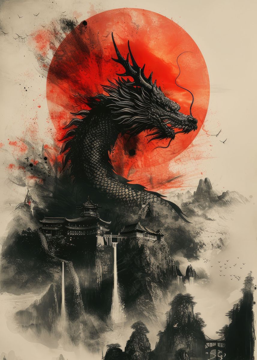 'Dragon Under A Blood Moon' Poster, picture, metal print, paint by ...