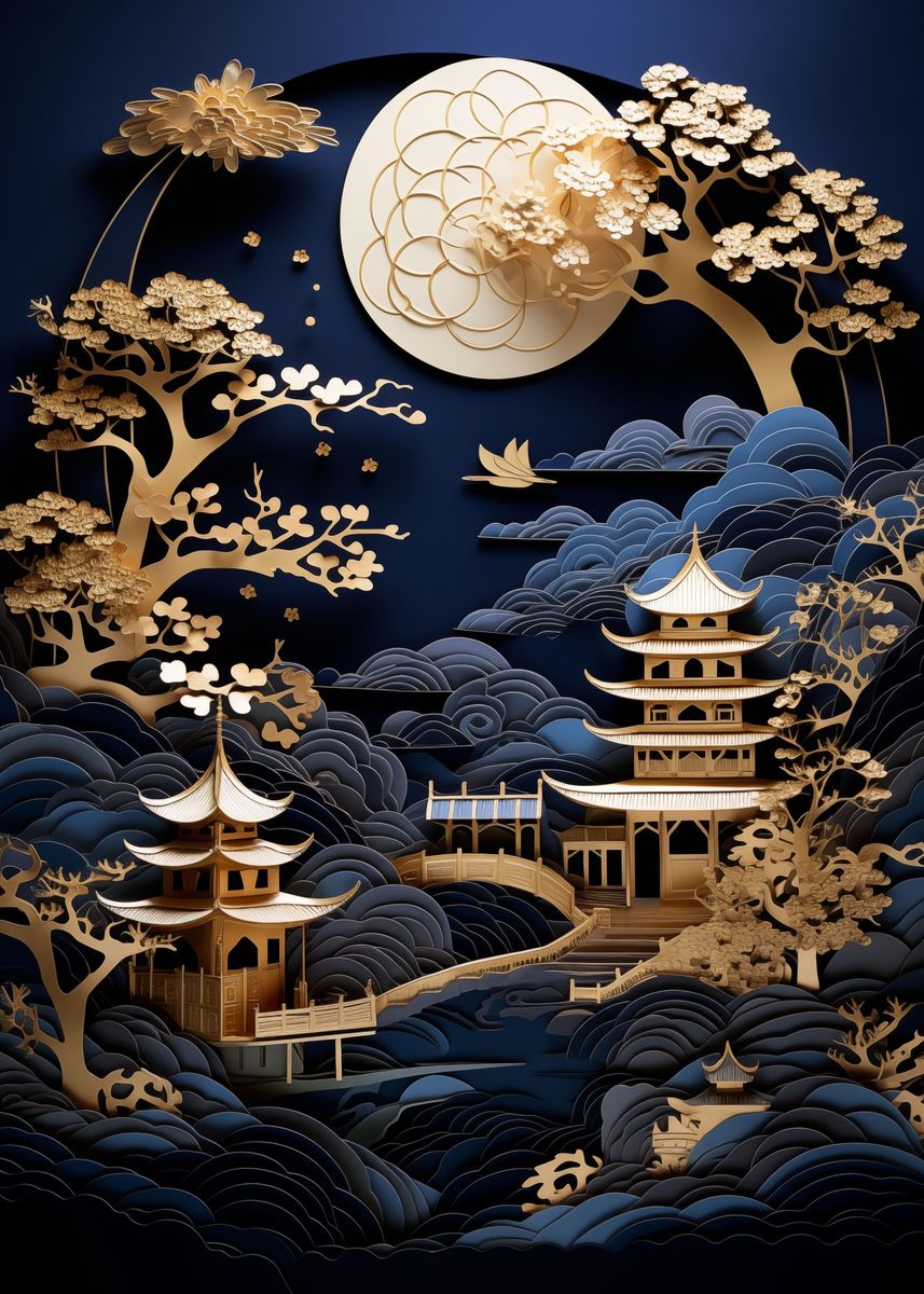 'Paper cut asian landscape' Poster, picture, metal print, paint by ...