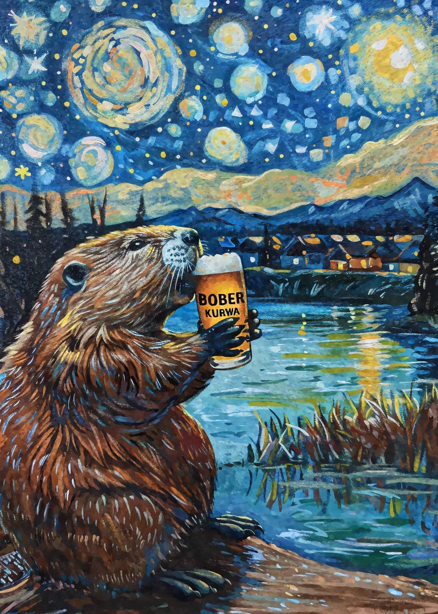 'Bober Kurwa Starry Night' Poster, picture, metal print, paint by Masaki | Displate