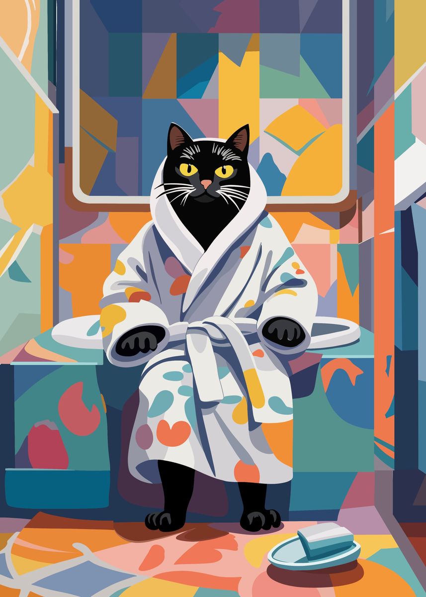 'Shower Cat' Poster, picture, metal print, paint by fay list.art | Displate