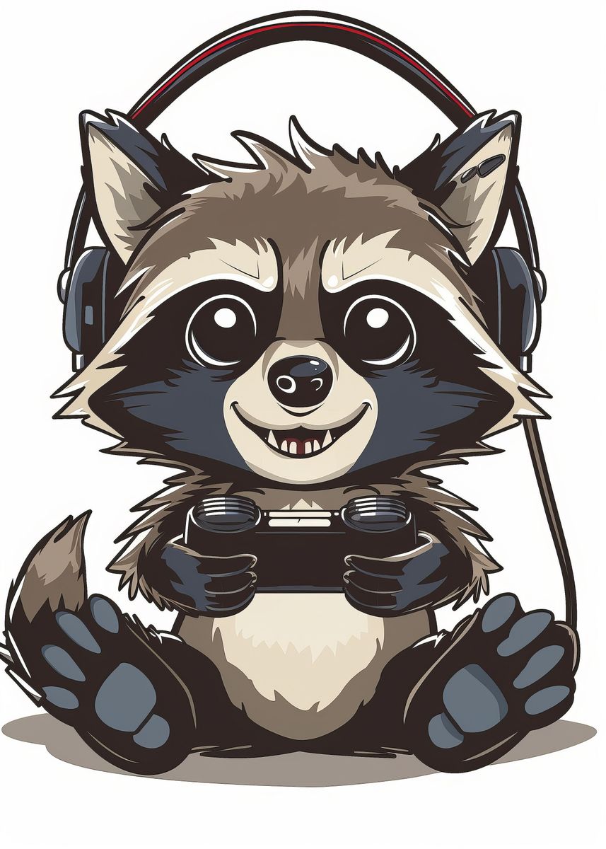 'Raccoon Gaming' Poster, picture, metal print, paint by Henning ...