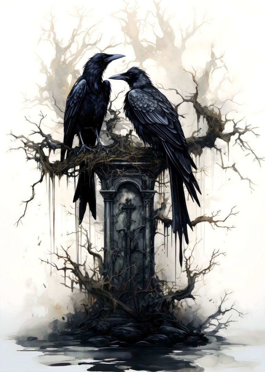 'Crow Ravens ink' Poster, picture, metal print, paint by EB Art | Displate