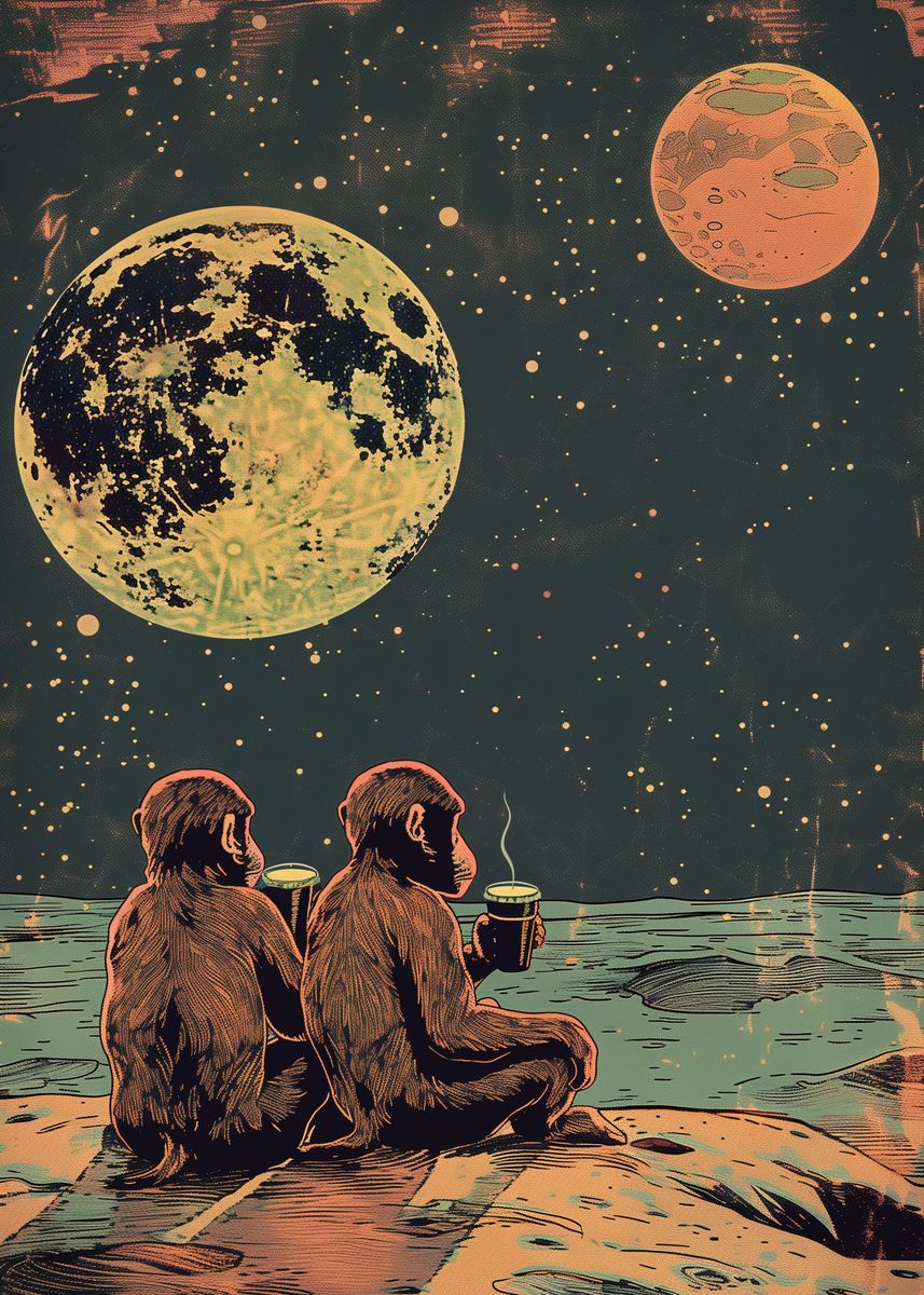 'Monkeys Coffee Moon Earth' Poster, picture, metal print, paint by ...