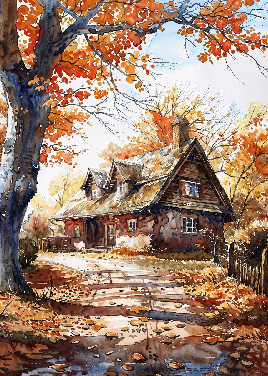 'Autumn Homestead' Poster, picture, metal print, paint by Nao | Displate