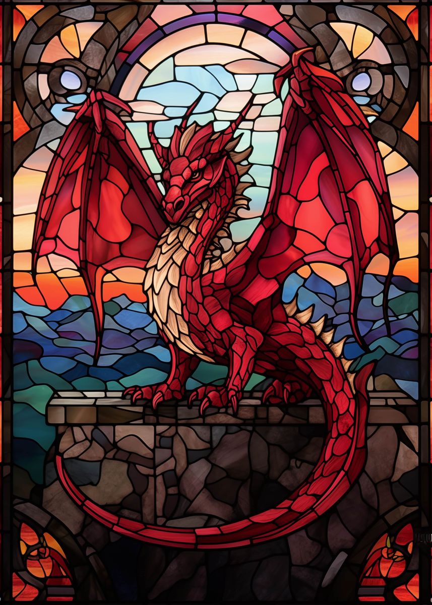 'Red Dragon Stained Glass' Poster, picture, metal print, paint by ...