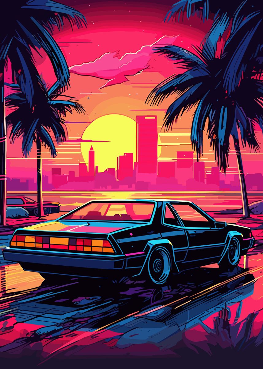 'Retro Miami Neon Sunset' Poster, picture, metal print, paint by ...