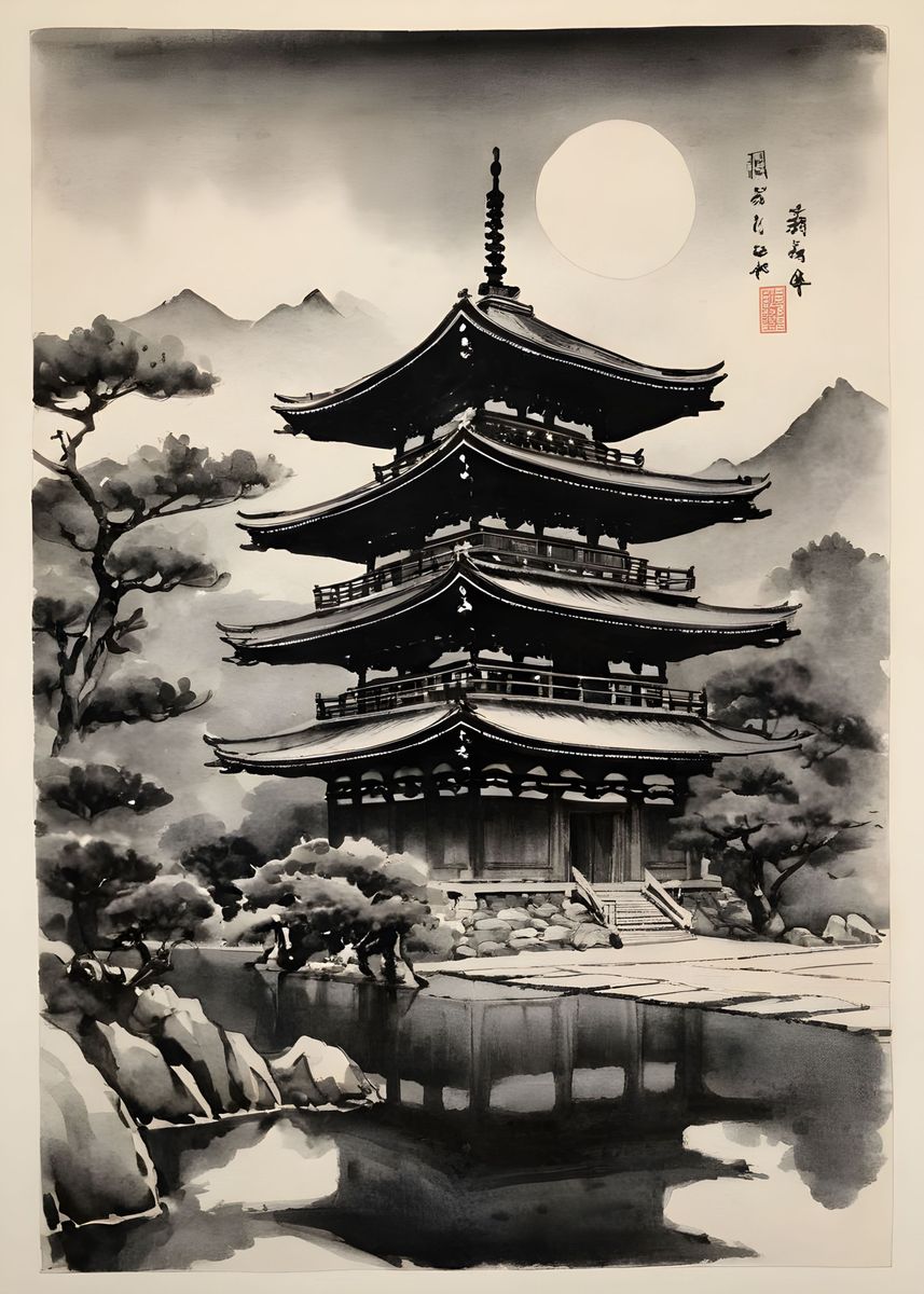 'Japanese Temple Ink Art' Poster, picture, metal print, paint by ...