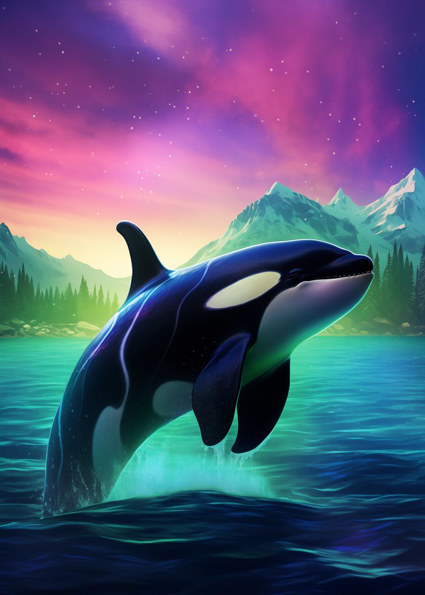'Aurora Orca Whale northern' Poster, picture, metal print, paint by ...