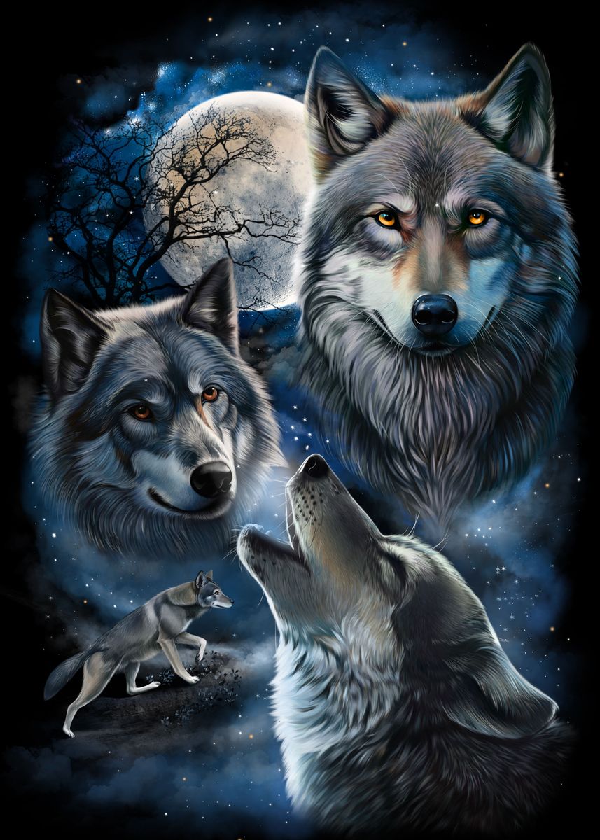 'Grey Wolf Under Full Moon' Poster, picture, metal print, paint by Jeff ...
