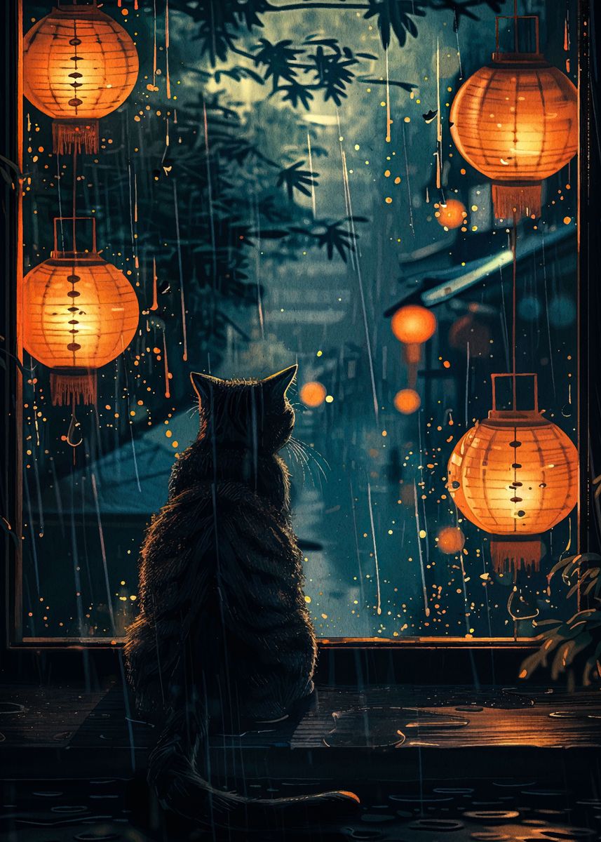 'cat moon night animal' Poster, picture, metal print, paint by Patsy ...