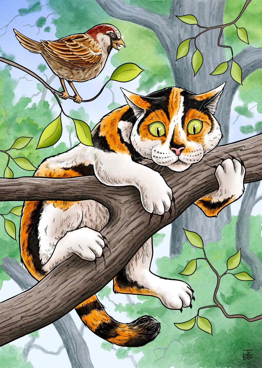'Cat stuck in a tree' Poster, picture, metal print, paint by James ...