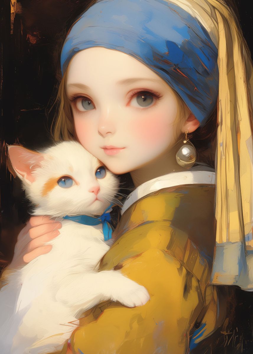 'Girl with Pearl and Cat' Poster, picture, metal print, paint by ...