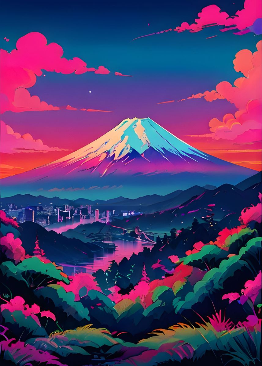 'Pink Mount Fuji Sakura' Poster, picture, metal print, paint by Nandita ...