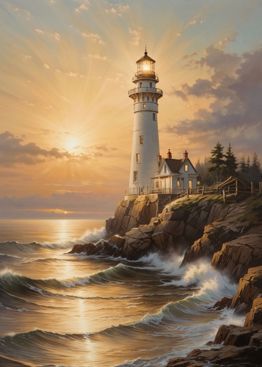 'Majestic Gold Lighthouse' Poster, picture, metal print, paint by ...