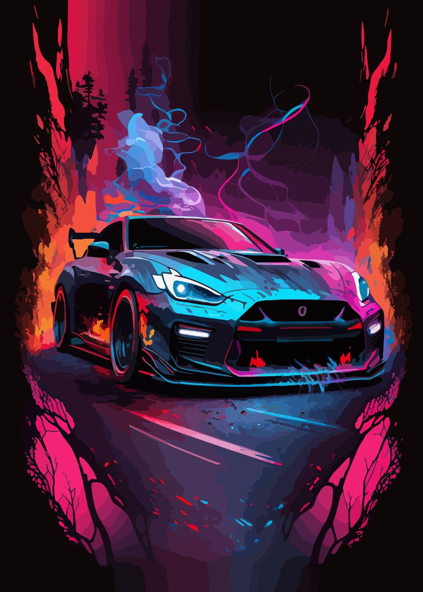 'Nissan GT-R Neon Style' Poster, picture, metal print, paint by ART HEY ...