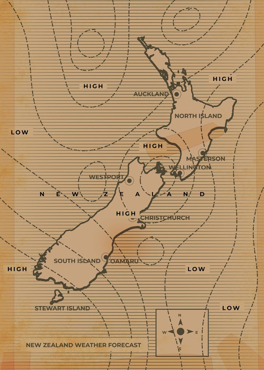 'New Zealand weather map' Poster, picture, metal print, paint by David ...
