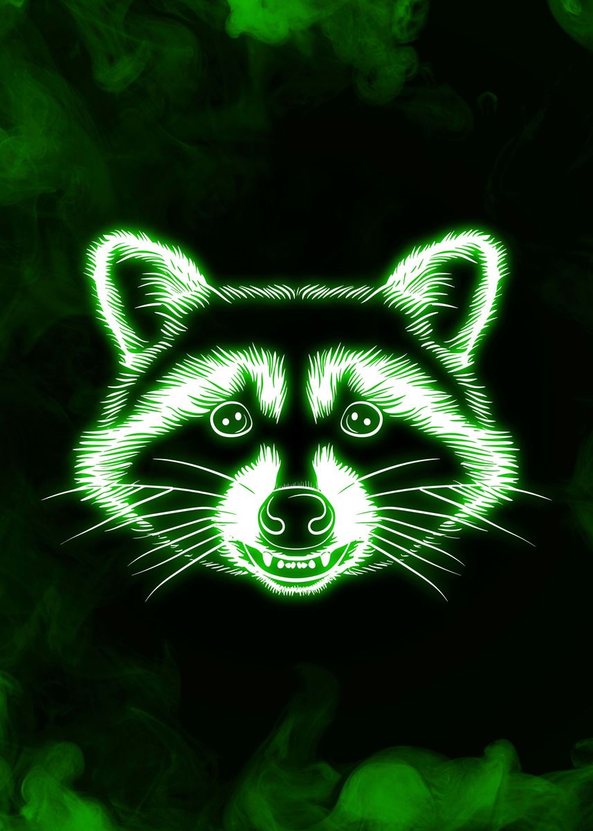 'Raccoon Head Neon Green' Poster, picture, metal print, paint by ...