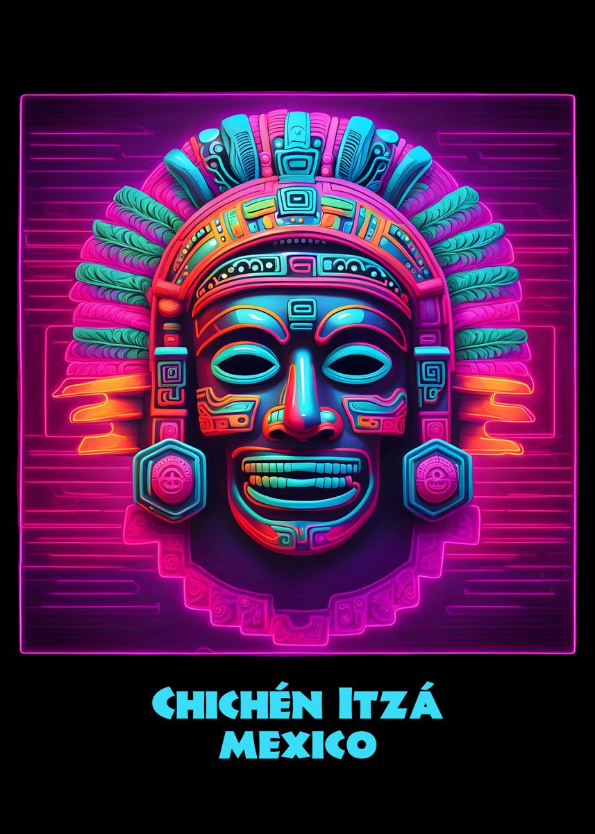 'Chitzen Itza Mexico Neon' Poster, picture, metal print, paint by ...