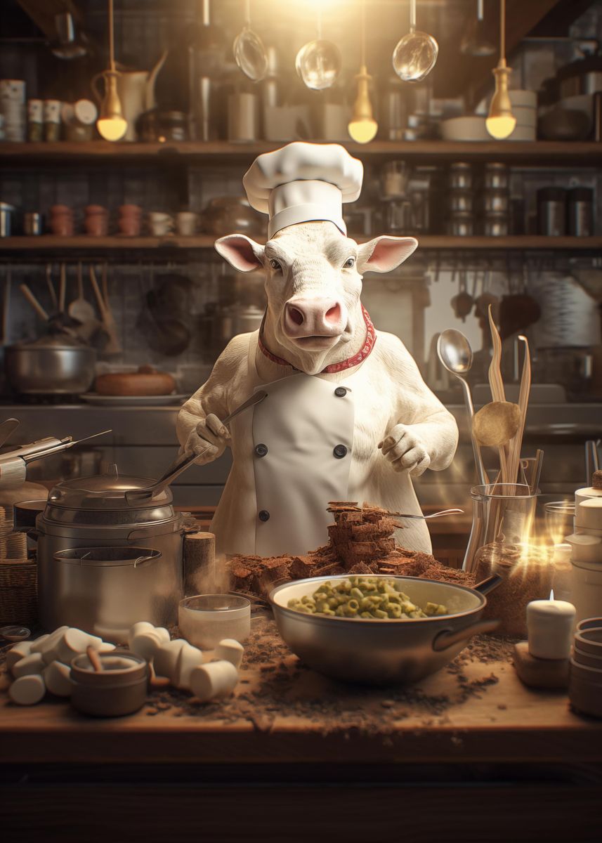 'Cow cooking kitchen' Poster, picture, metal print, paint by Berly ...