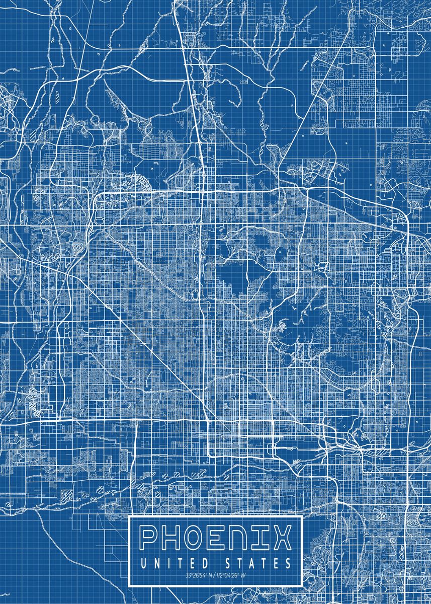 'Phoenix City Map Blueprint' Poster, picture, metal print, paint by ...