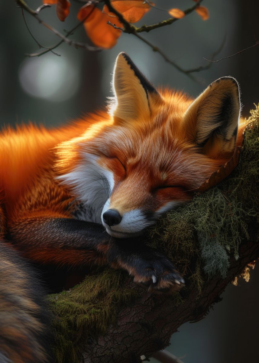 'Red Fox Rest on Mossy Log' Poster, picture, metal print, paint by ...