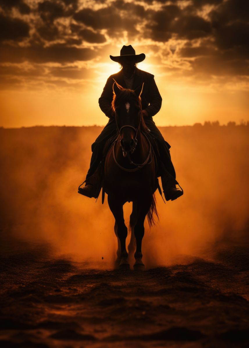 'Cowboy in a desert Sunset' Poster, picture, metal print, paint by ...