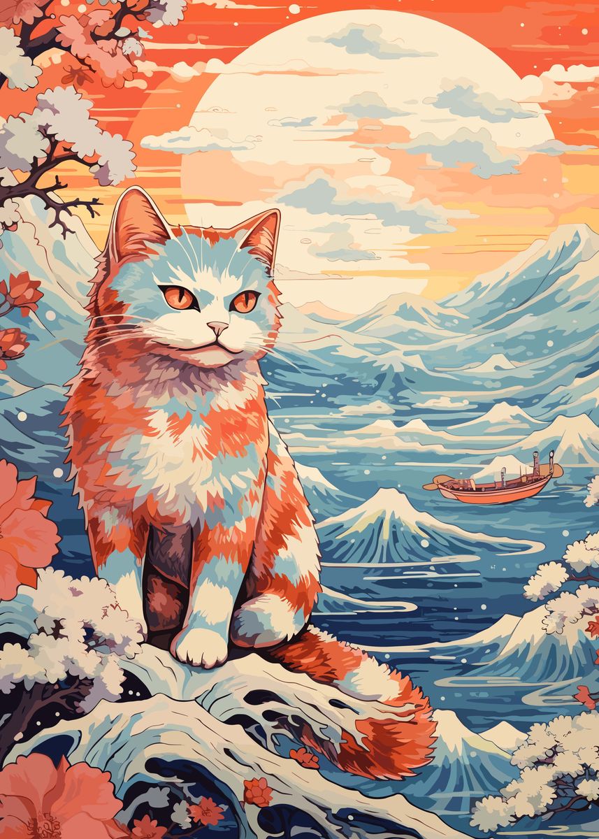 'Cat Japanese Landscape' Poster, picture, metal print, paint by Floyd ...