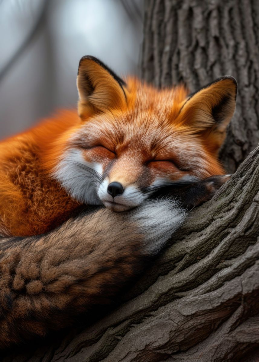 'Red Fox Rest on Mossy Log' Poster, picture, metal print, paint by ...