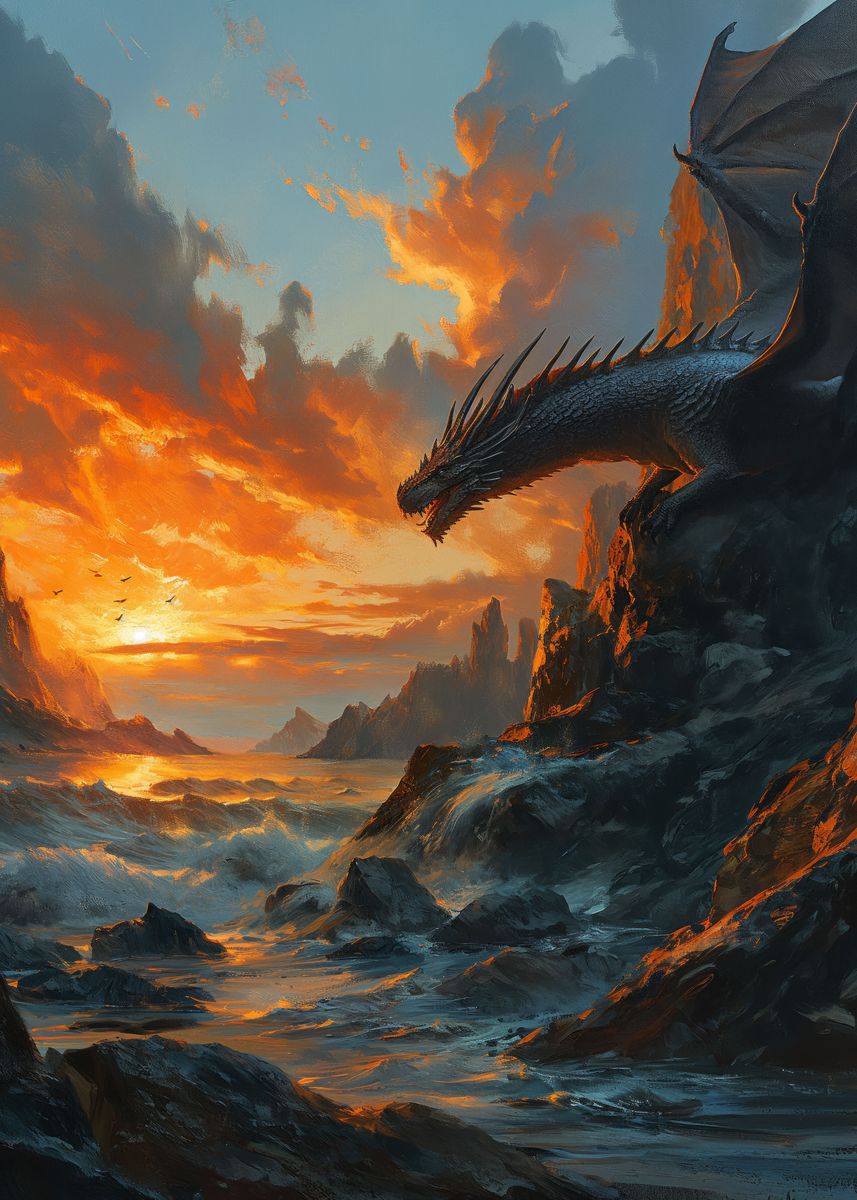 'Sunset Dragons Watch' Poster, picture, metal print, paint by Tollaru ...