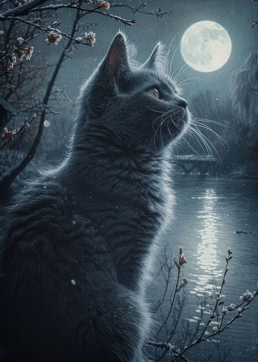 'cat moon night animal' Poster, picture, metal print, paint by Patsy ...