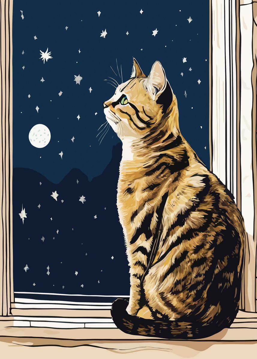 'Starry Night Cat ' Poster, picture, metal print, paint by Animal ...