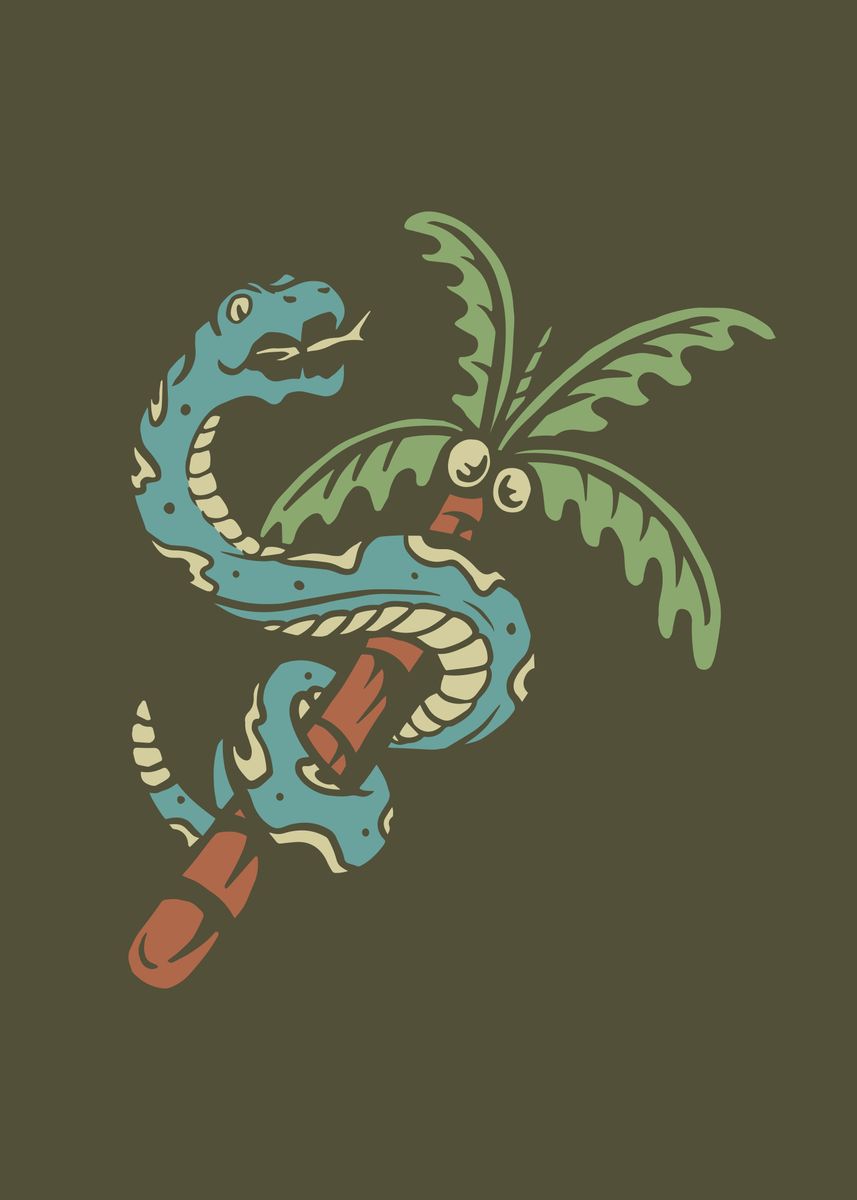 'Snake and Coconut Tree' Poster, picture, metal print, paint by ...