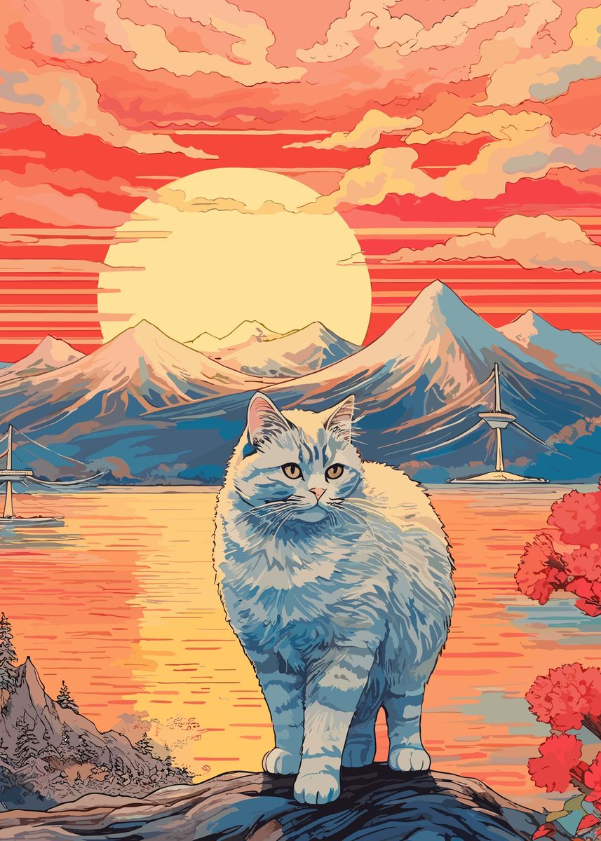 'Cat Japanese Landscape' Poster, picture, metal print, paint by Floyd ...