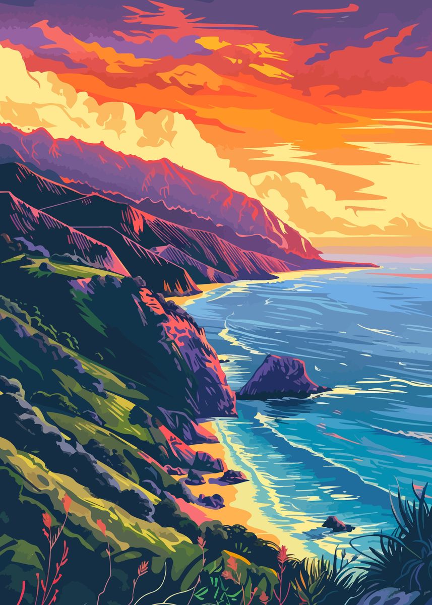 'California Beach Sunset' Poster, picture, metal print, paint by LVTFCO ...