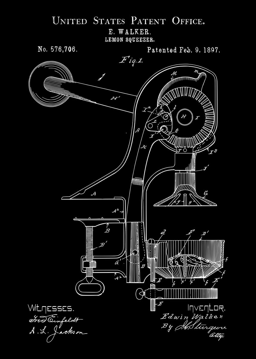 'Lemon squeezer patent' Poster, picture, metal print, paint by Sam Kal ...