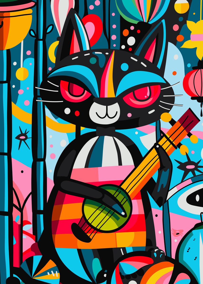'Cat Playing Banjo Colorful' Poster, picture, metal print, paint by ...