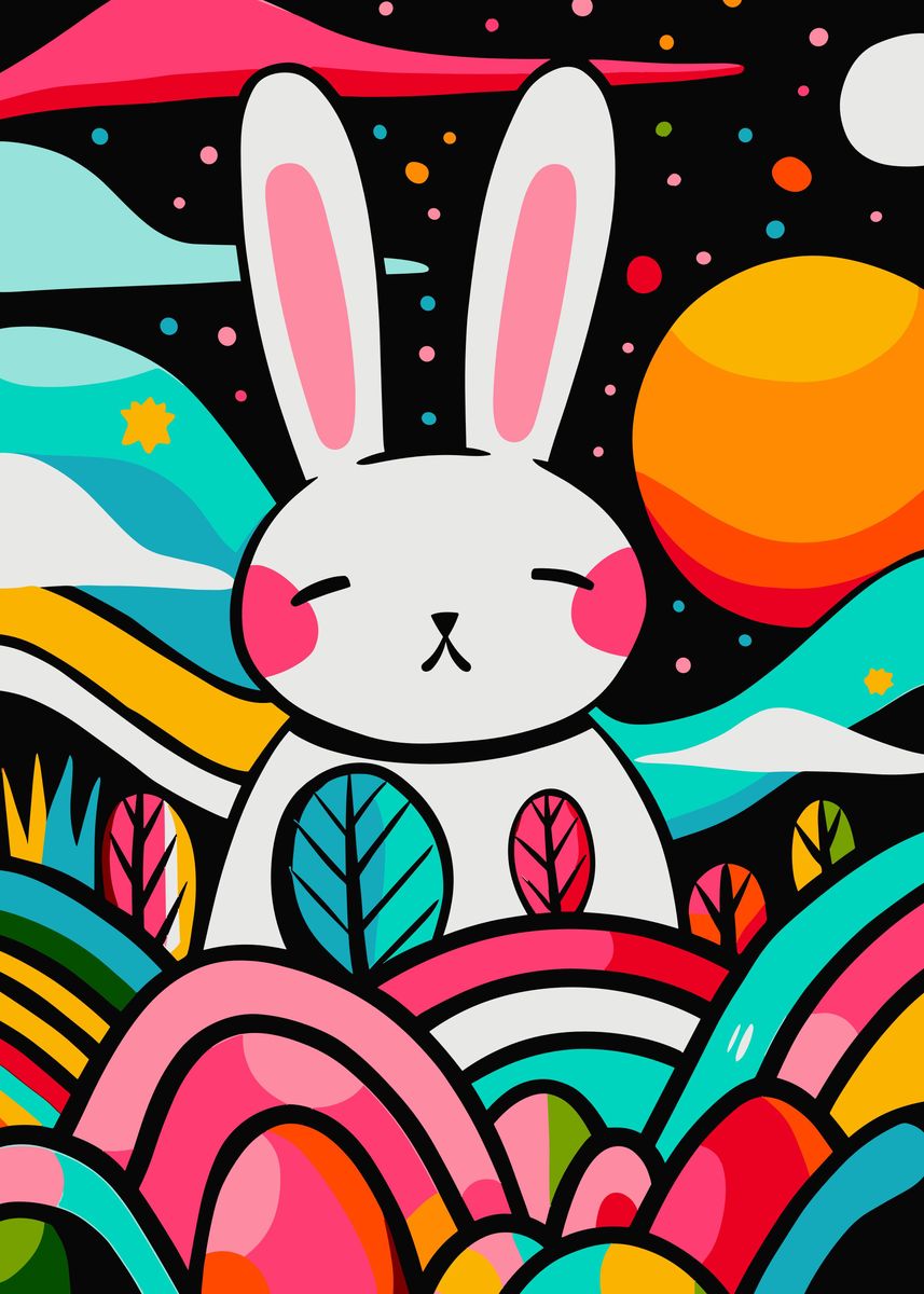 'Cute Rabbit Field Japanese' Poster, picture, metal print, paint by ...