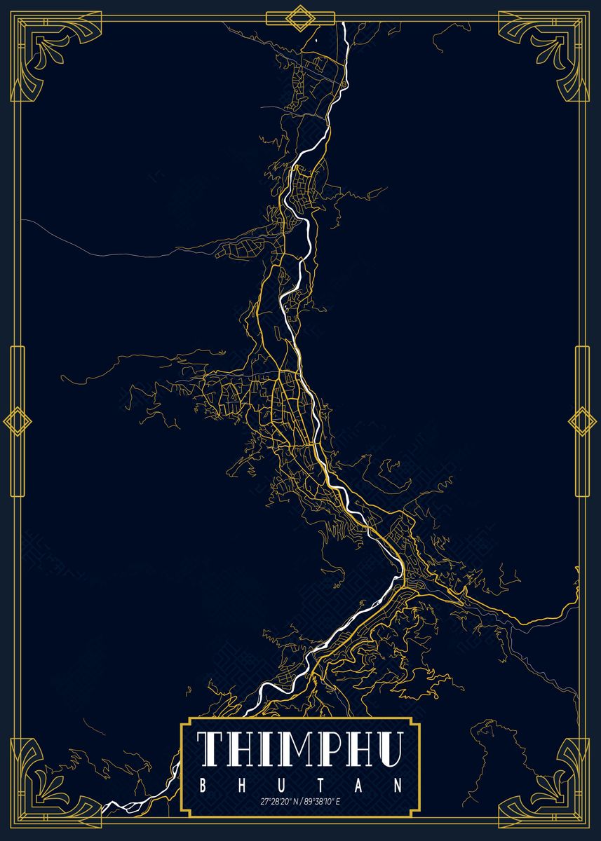 'Thimphu City Map Gold' Poster, picture, metal print, paint by deMAP ...