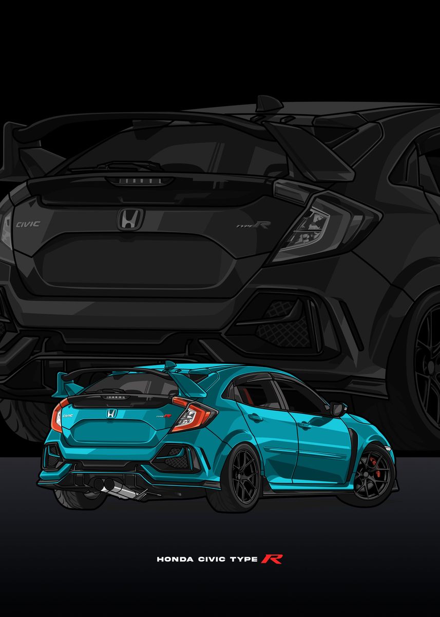 'civic type r cyan poster' Poster, picture, metal print, paint by ...